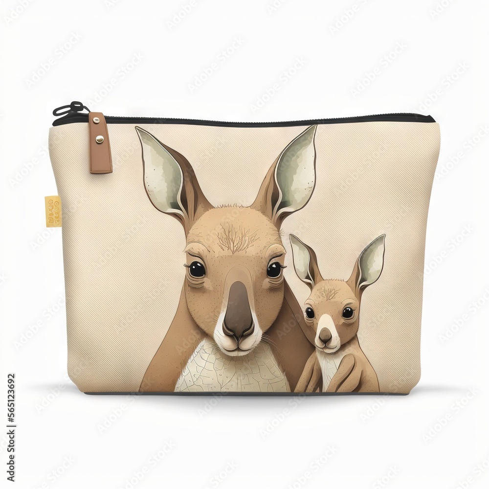 a pouch with a kangaroo and a kangaroo on it's side, with a kangaroo's ...