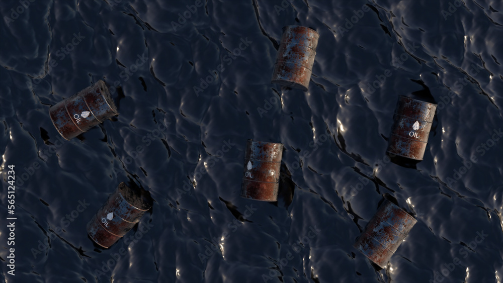 Oil spill. Oil concept. Empty oil barrels on the surface of the oil sea ...