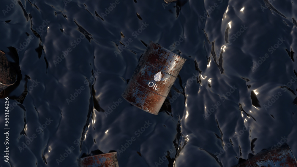 Top view of iron barrels floating in the oil sea. Toxic materials ...