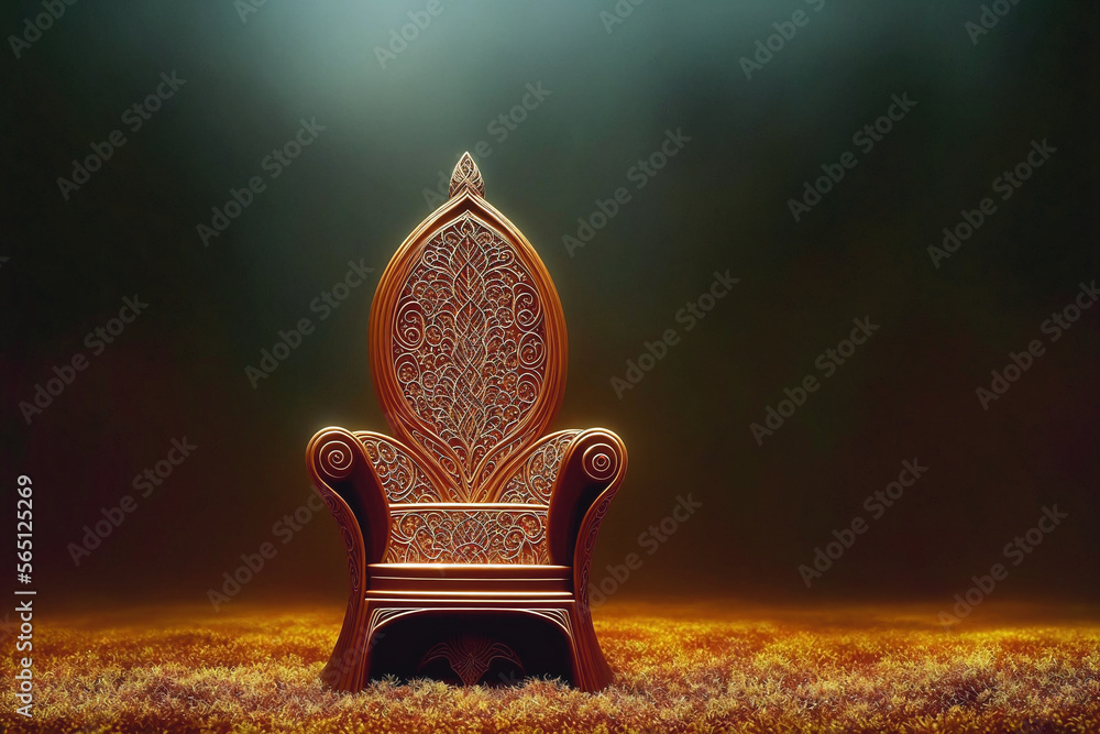 empty decorative wooden royal throne with intricate ornaments on orange ...