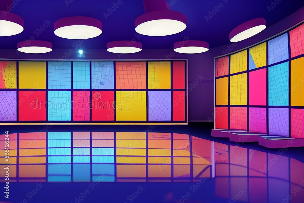 Quiz game stage interior with stands, spotlights, questions on digital ...