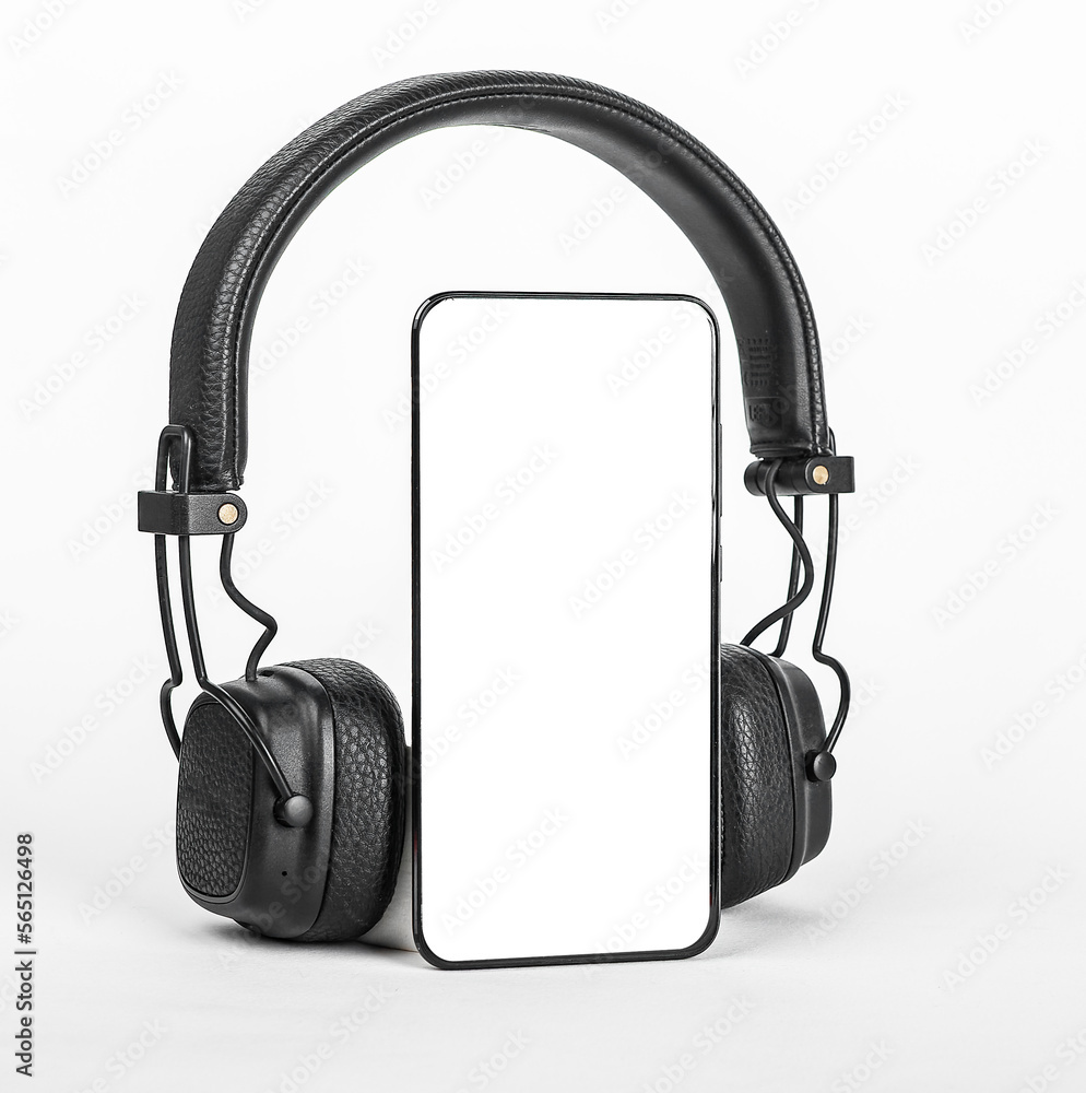 Mobile phone and headphones. Smartphone screen mockup, display template ...