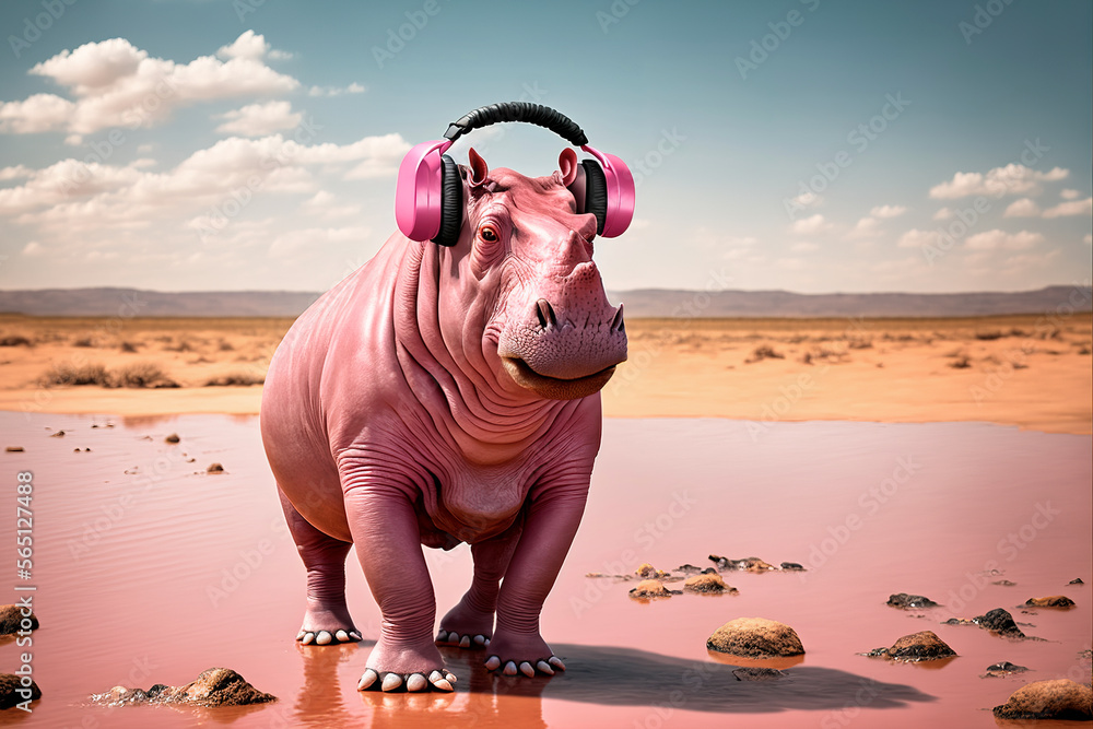 Funny pink hippo listening to music with headphones. Funny, cool, humor ...