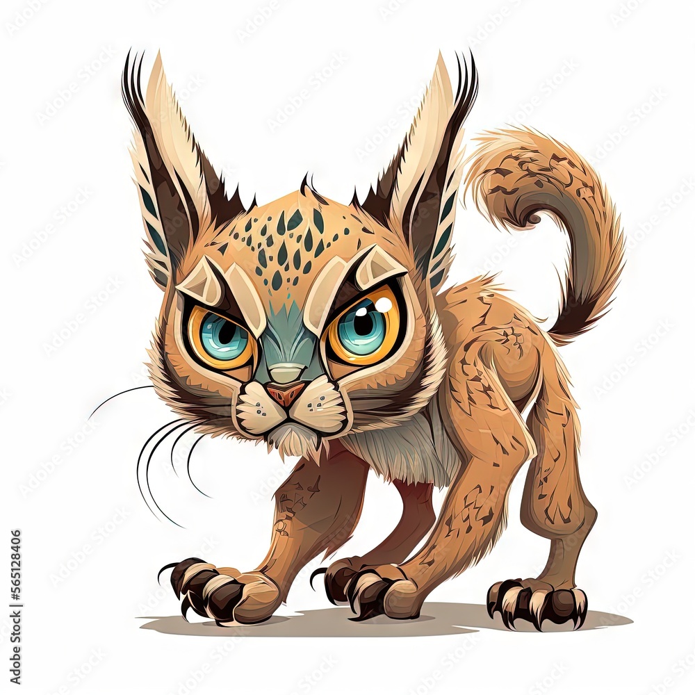 a cartoon lynx with big blue eyes and claws on its back legs, walking ...