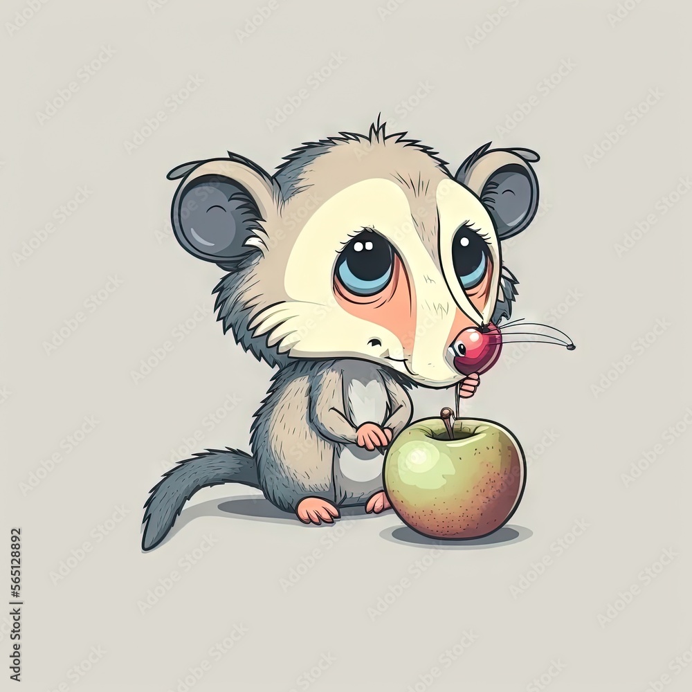 a cartoon mouse eating an apple with a bite out of it's mouth, with a ...
