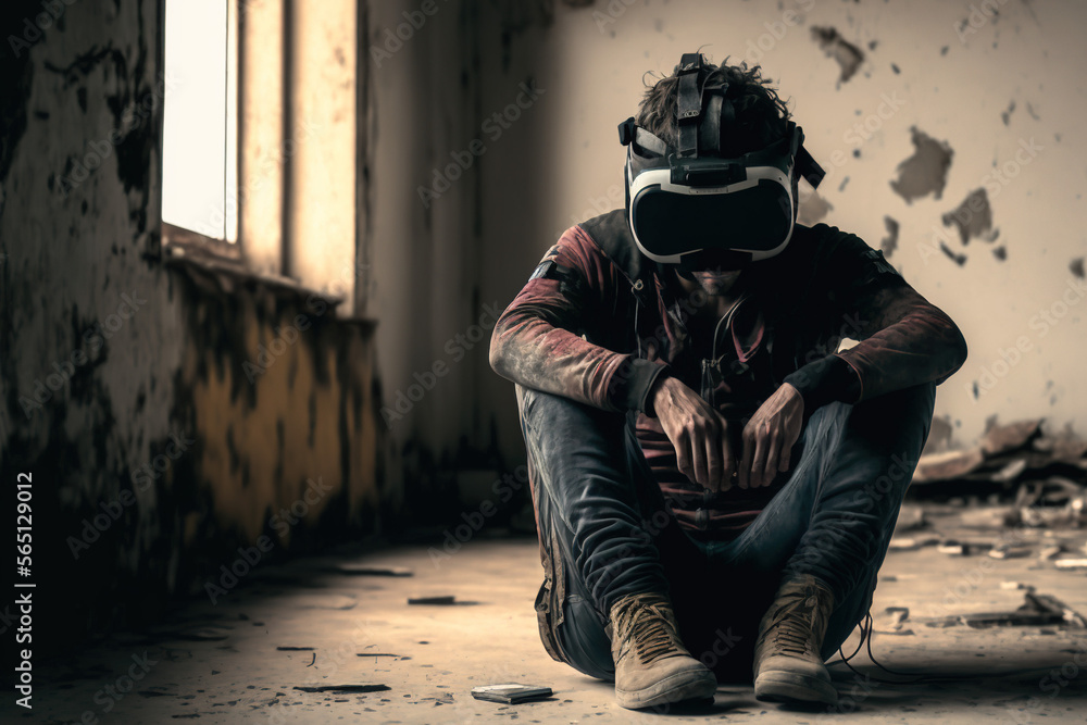 Generative AI of Depressed man wearing a VR headset in a post ...