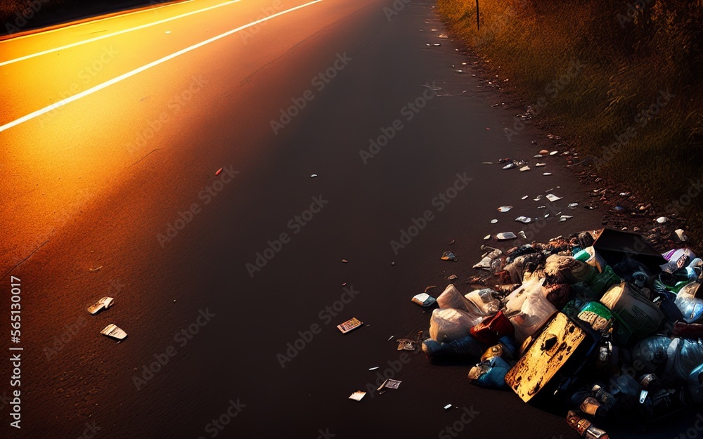 garbage on the side of the road, visual pollution, with reflection of ...