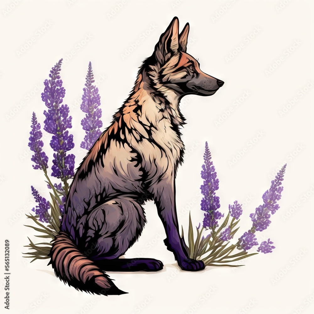a drawing of a fox sitting in front of a bunch of lavender flowers on a ...