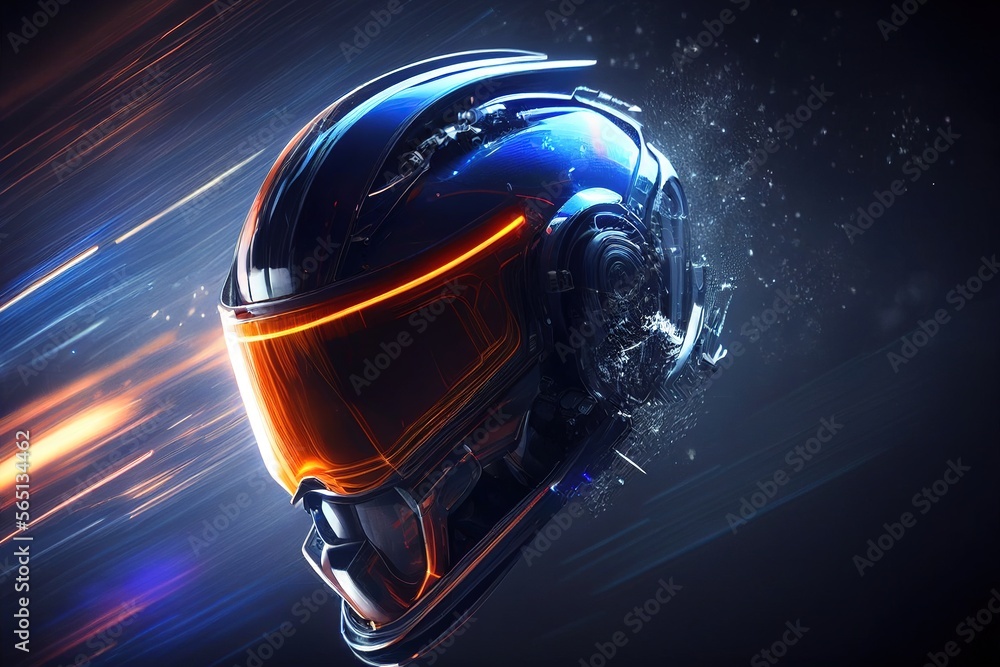 Motorcycle helmet with beautiful light trails around. Generative art ...