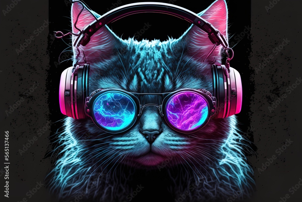 featuring a neon party cat decked out in headphones and shades that is ...