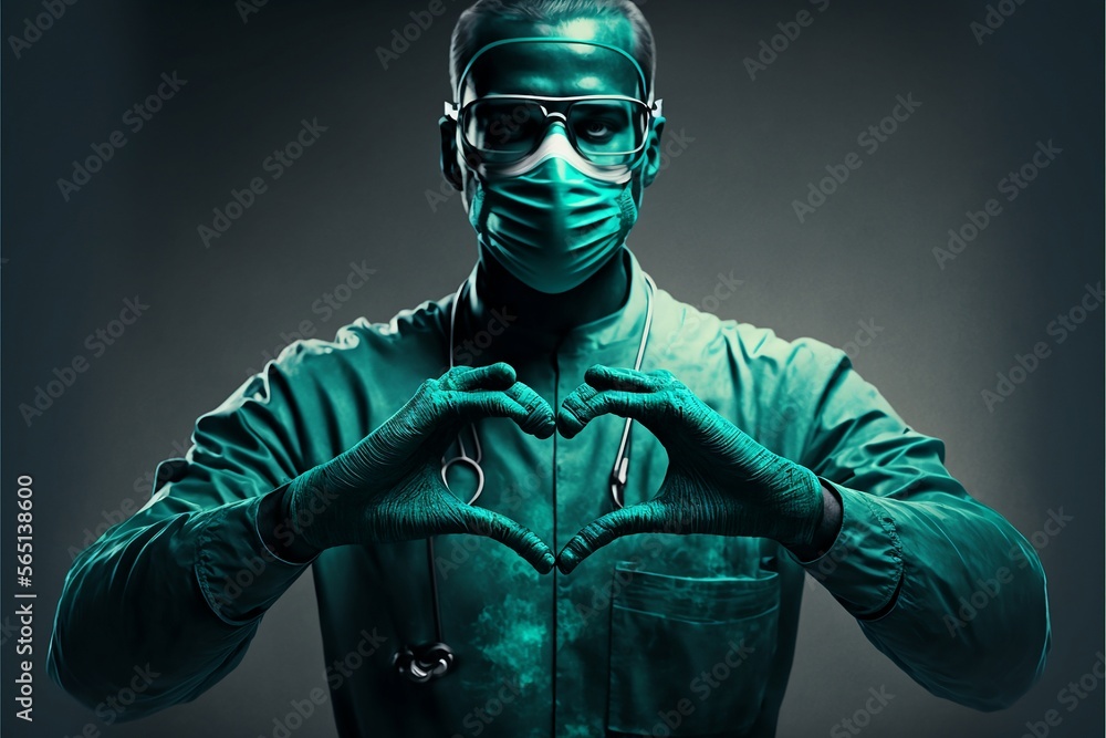The blue-green uniform of the male doctor features a heart-shaped hands ...