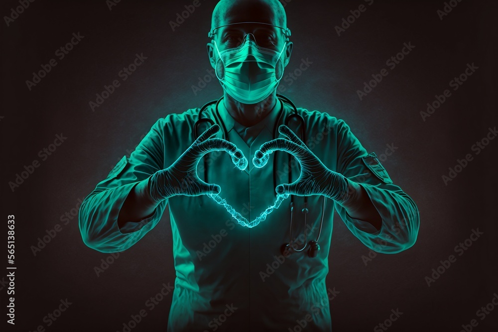 The blue-green uniform of the male doctor features a heart-shaped hands ...