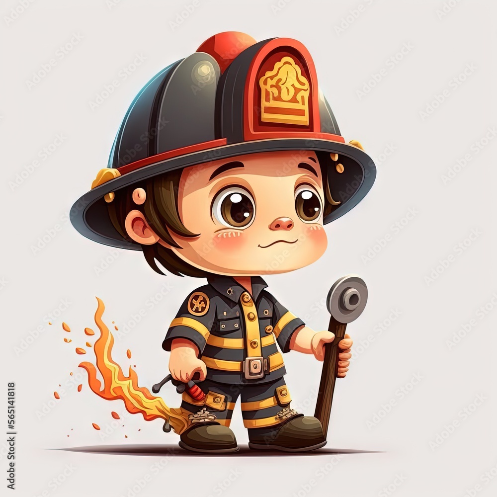 a cartoon fireman holding a wrench and a fire hose with flames coming ...