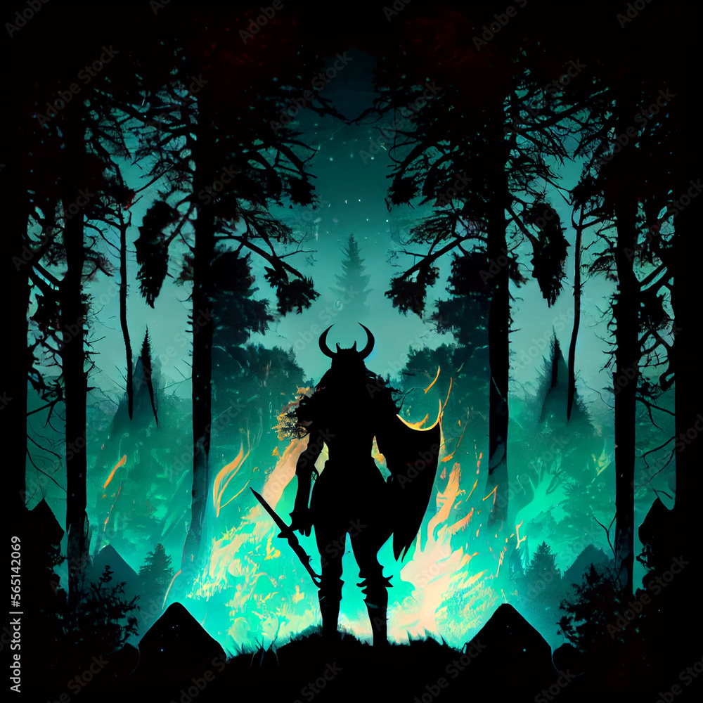 silhouette of a sinister Viking woman with two axes in her hands stands ...