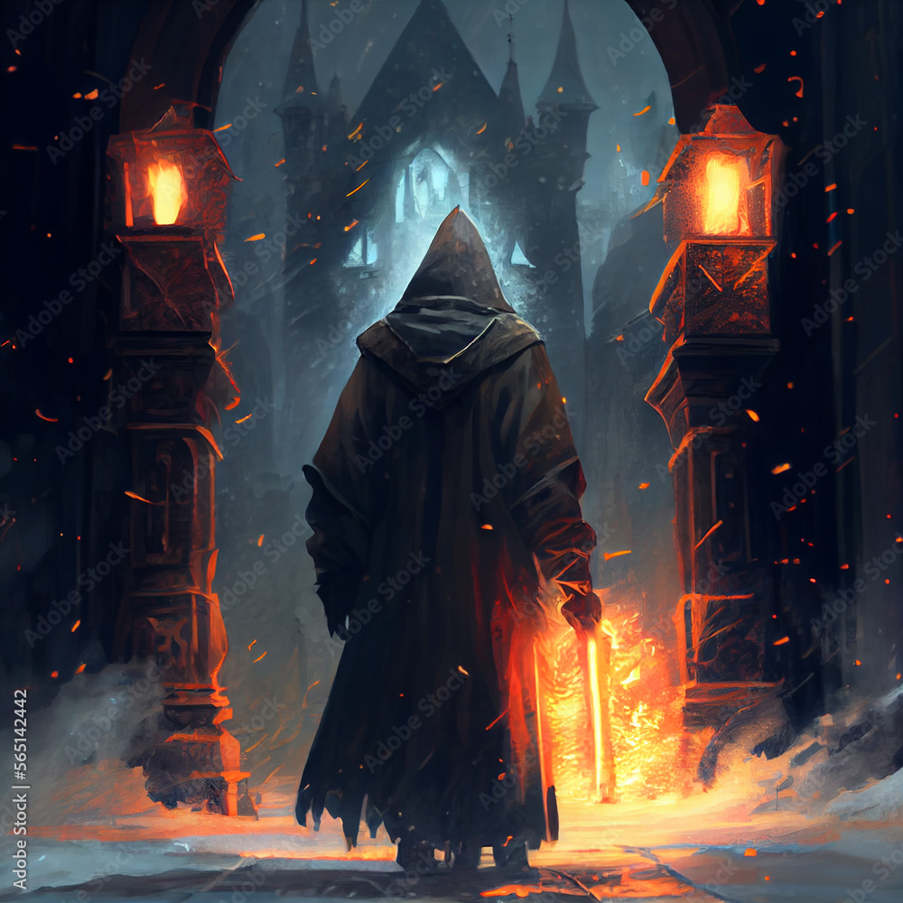 A sinister devastated necromancer in a spiked hood and a torn cloak ...