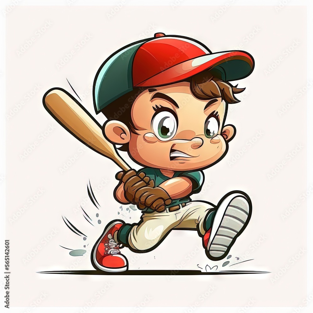 a cartoon boy running with a baseball bat in his hand and a baseball in ...