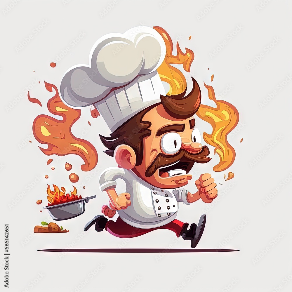 a cartoon chef running with a frying pan on fire behind him and a ...