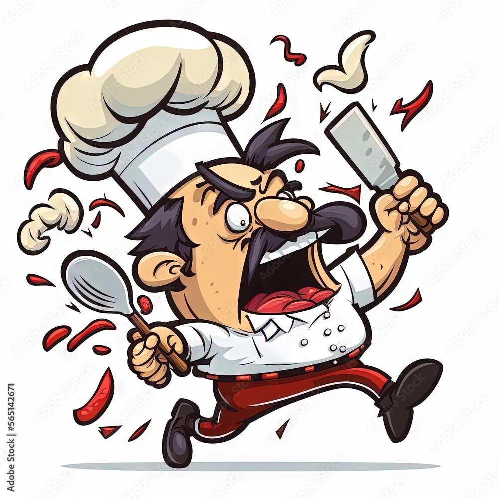 a cartoon chef running with a knife and a spatula in his hand and a lot ...