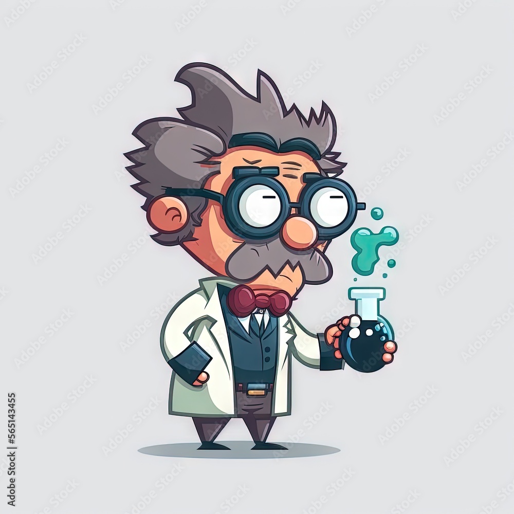 a cartoon scientist holding a beakle with a question mark on it's side ...