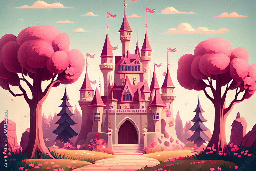 Fairy tale background with a princess castle in the forest. Castle with ...