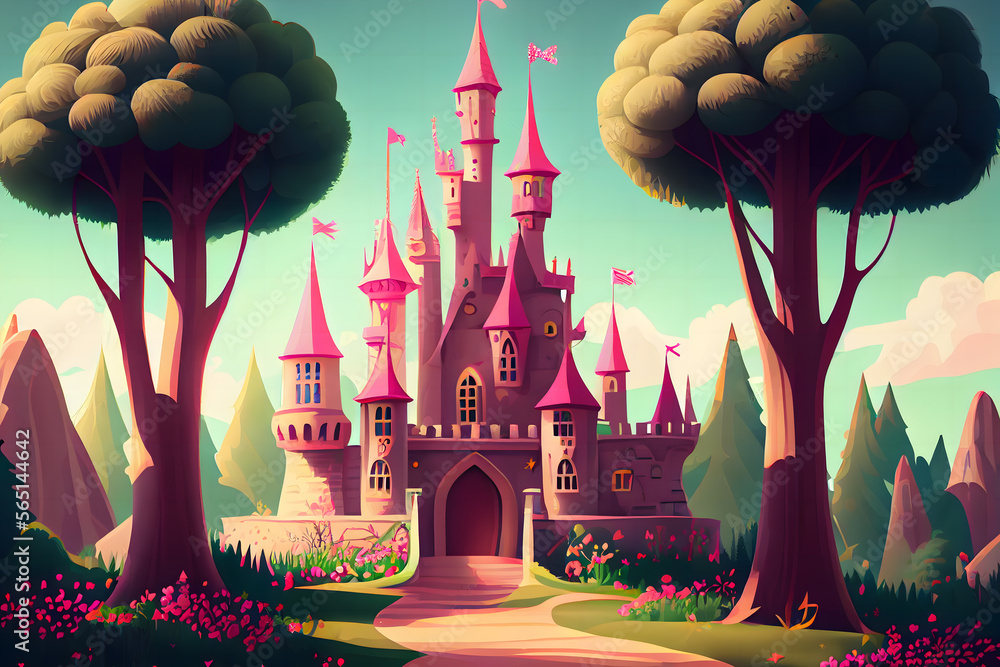Fairy tale background with a princess castle in the forest. Castle with ...