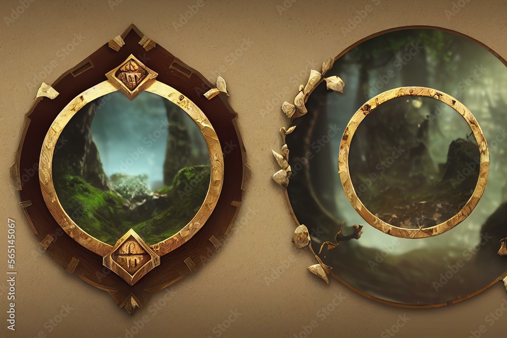 Game frame set, round level up title, circle fantasy RPG nature badge ...