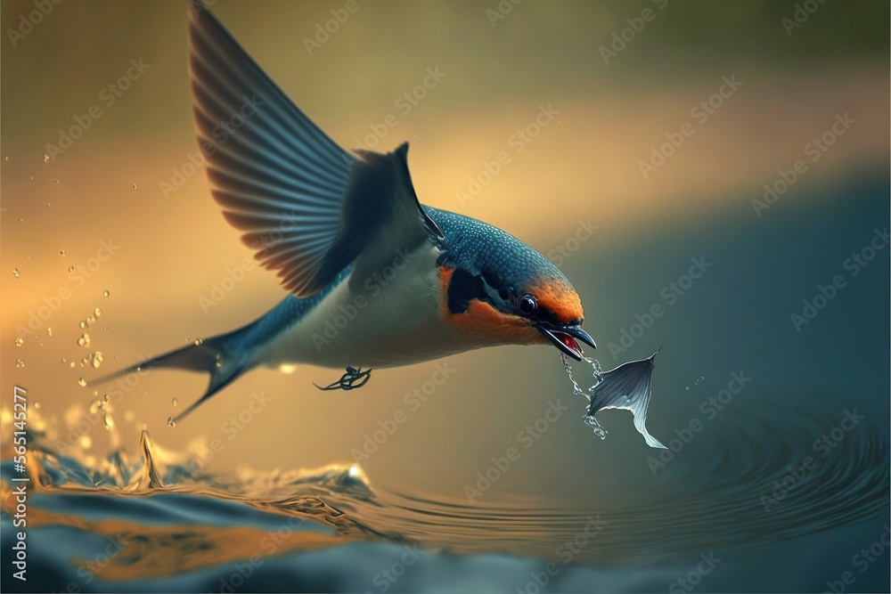 a bird flying over a body of water with a fish in it's mouth and a fish ...