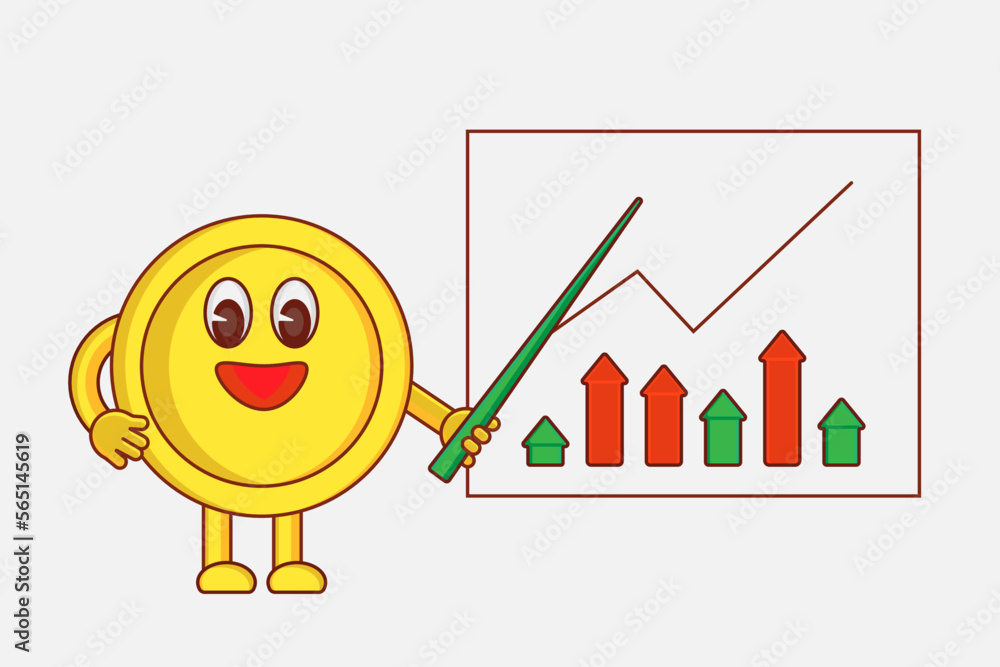 Cartoon coin shows a graph of finance growth on board with pointer ...