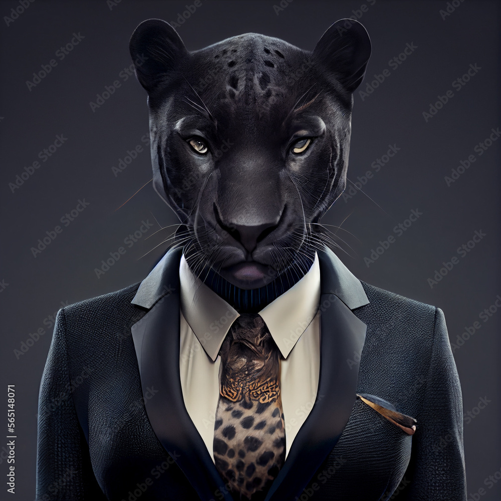 Business-woman portrait with the black panther head. An animal of the ...