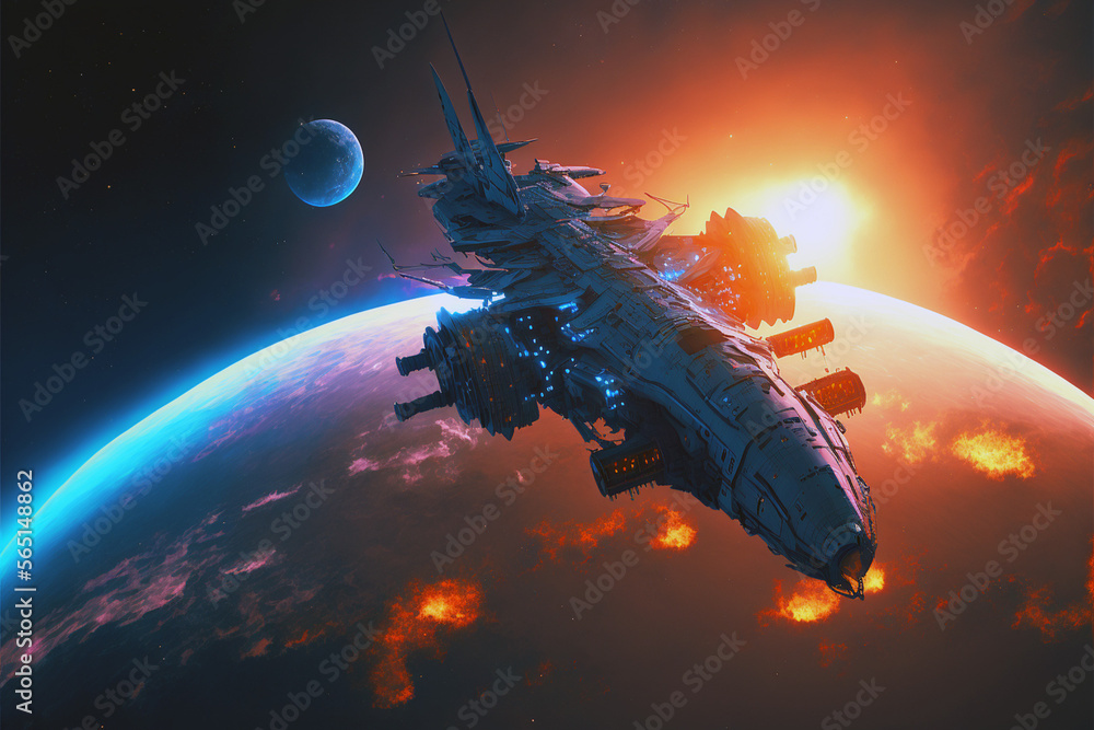 futuristic battle spaceship and planet earth with many explosions ...
