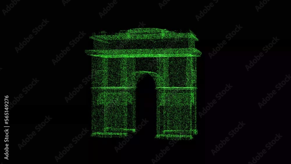 Stockvideo 3d Arc De Triomphe Rotates On Black Background Object Consisting Of Green Flickering