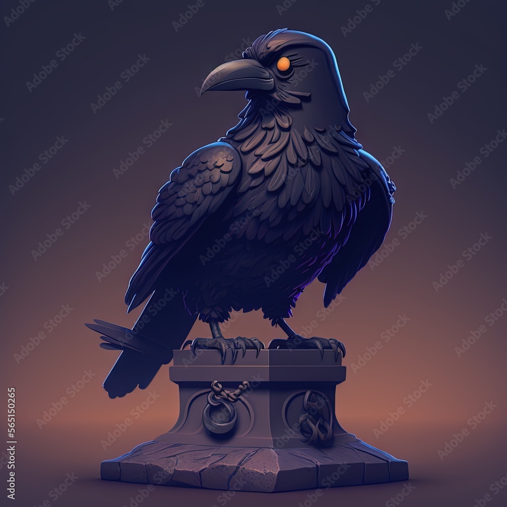 a black bird sitting on top of a stone pillar with a chain around its ...