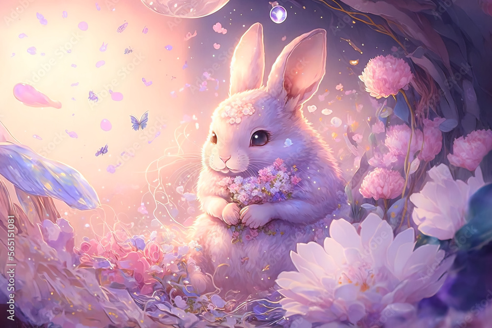 Fantasy image of the cute magic rabbit inside of the glossy vortex of ...