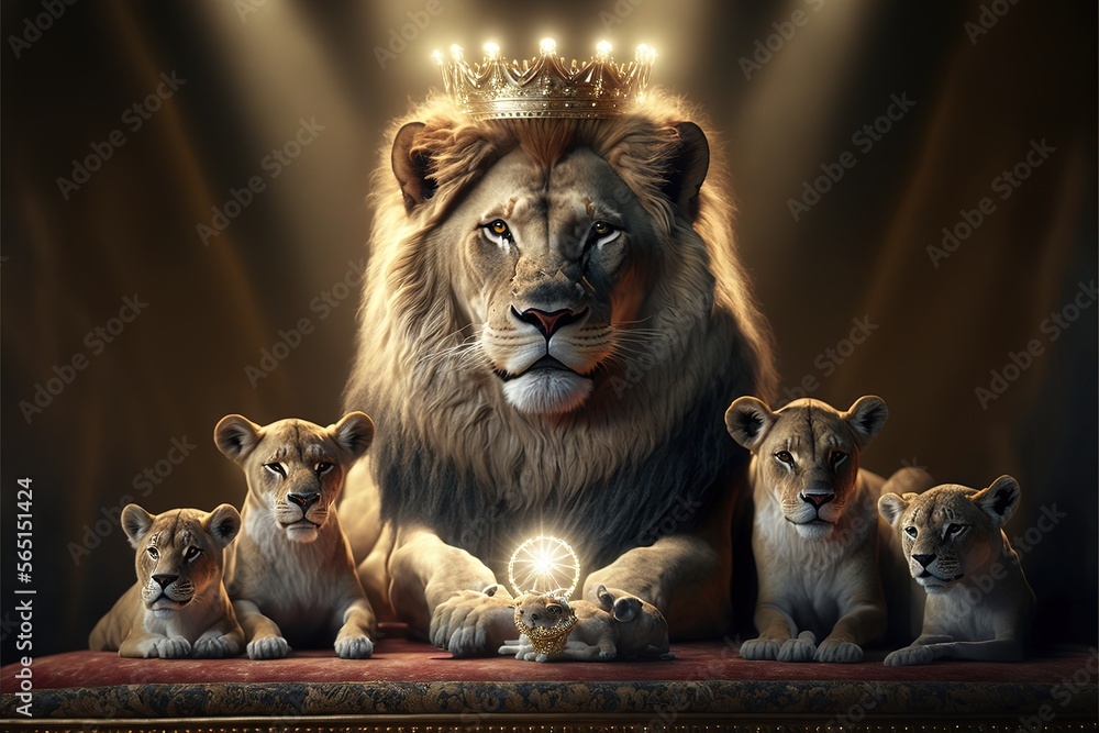 a lion with a crown on its head surrounded by lions in a stage setting ...