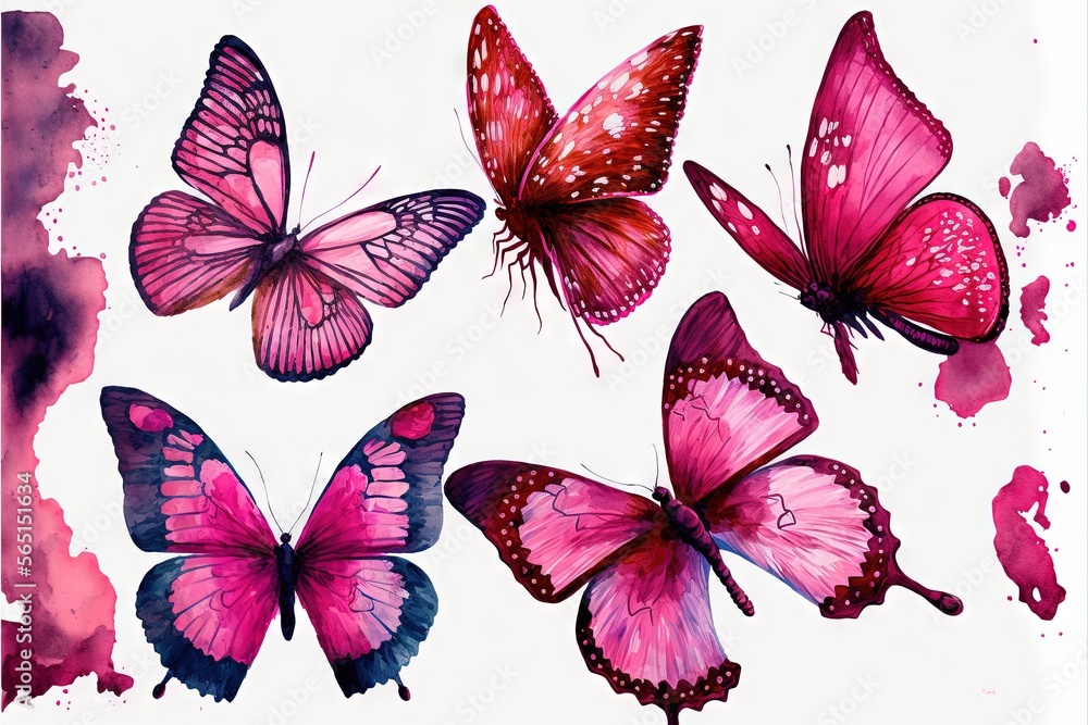 a group of pink butterflies flying in the sky with watercolor paint on ...