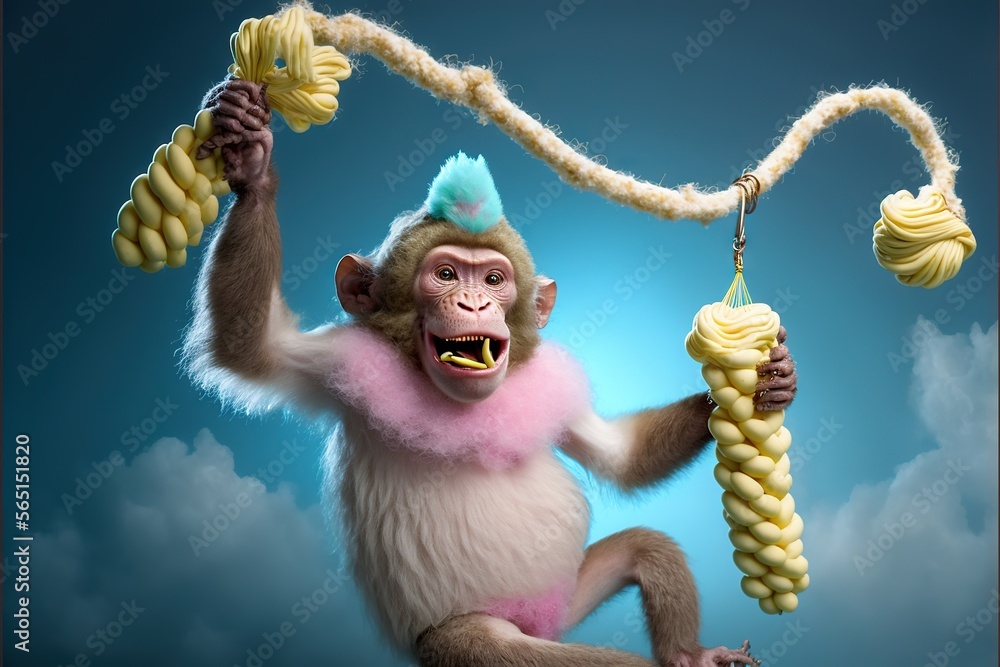 a monkey holding a bunch of bananas and a string of string attached to ...