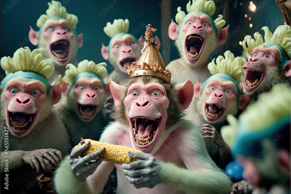 a group of monkeys with a crown on their head eating corn on the cob ...