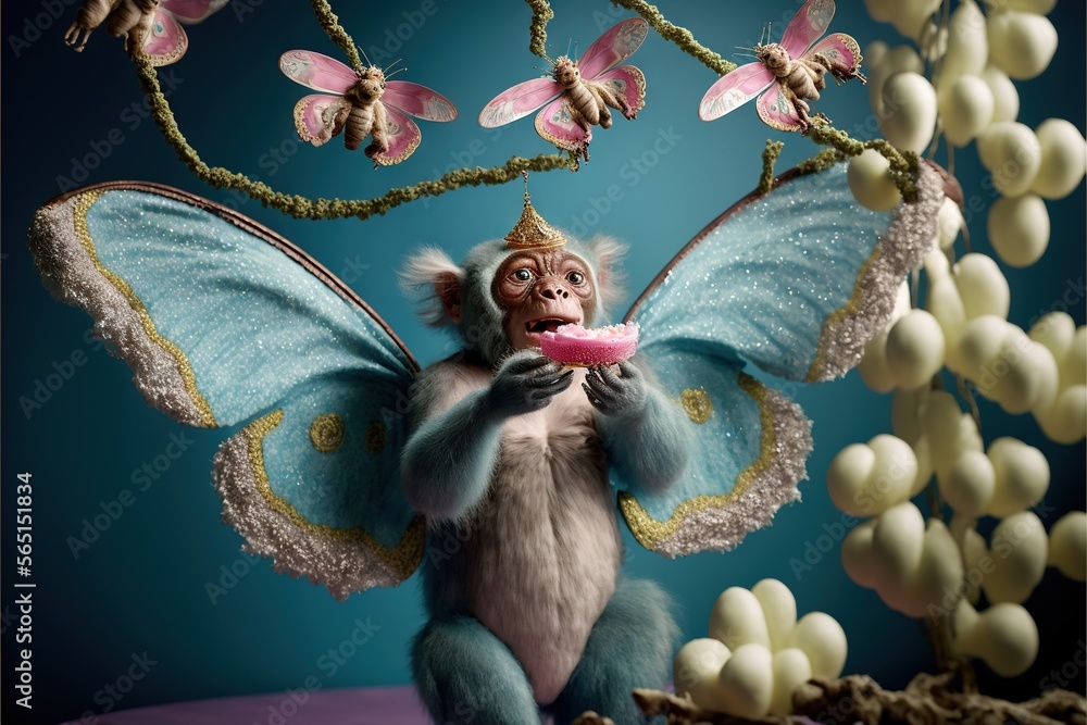 a monkey dressed in a fairy costume eating a donut with a butterfly ...