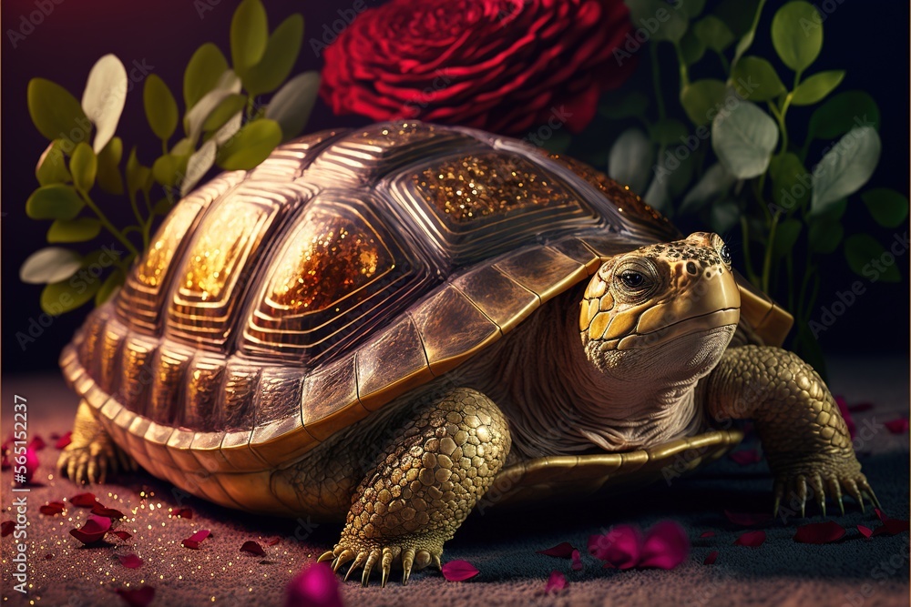a large turtle sitting on top of a table next to a rose and a rose bush ...