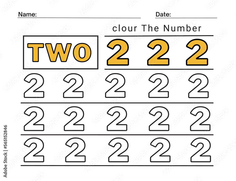 Number 2 coloring practice worksheet with all numbers for kids learning ...