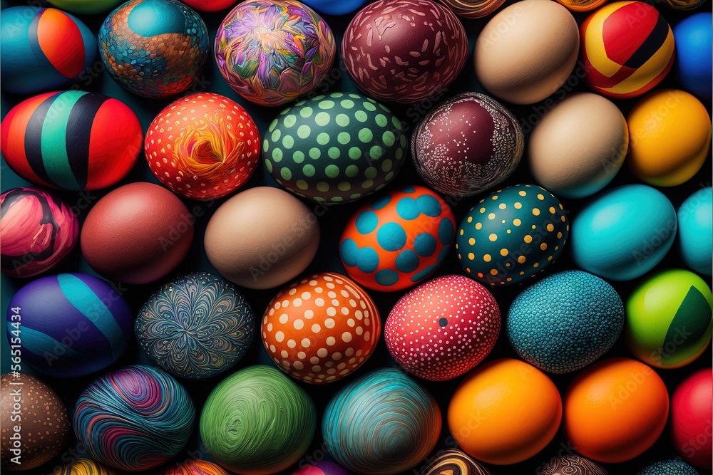 a pile of colorfully painted eggs in a square frame with a black border ...