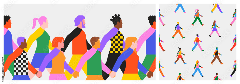 Diverse colorful people group walking together seamless pattern ...