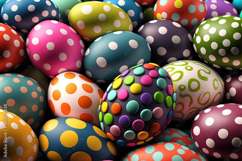 a pile of colorful polka dot eggs with different colors and sizes of ...