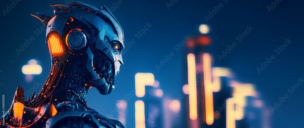 Evil Artificial intelligence, cyber robot background blue. Digital ...