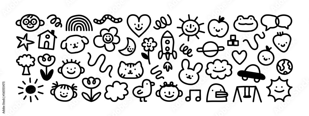 Black and white children cartoon icon collection. Set of funny line ...