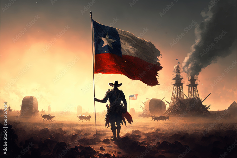 Painting of Texas Independence Day, Texas Ranger Holding Texas Flag ...