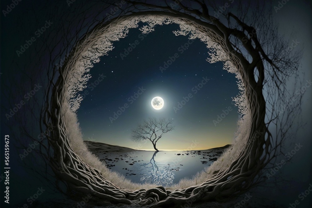 Moonlight night view at a beautiful fantasy unreal landscape. center ...