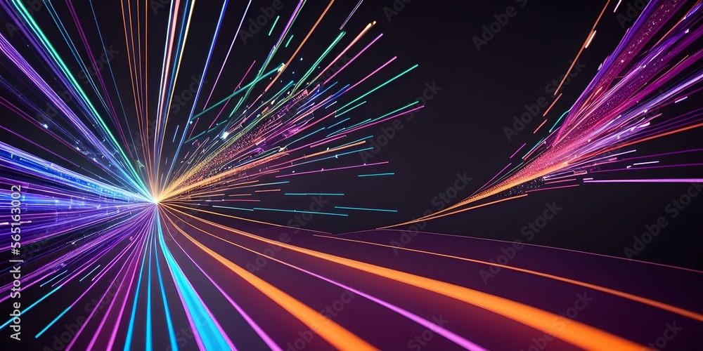 Abstract fiber optic lines with particles colliding, blue pink and ...