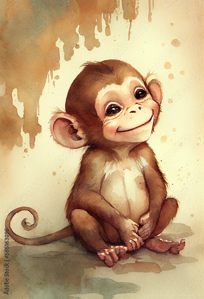 Watercolor illustration of a playful happy baby monkey Generative AI ...