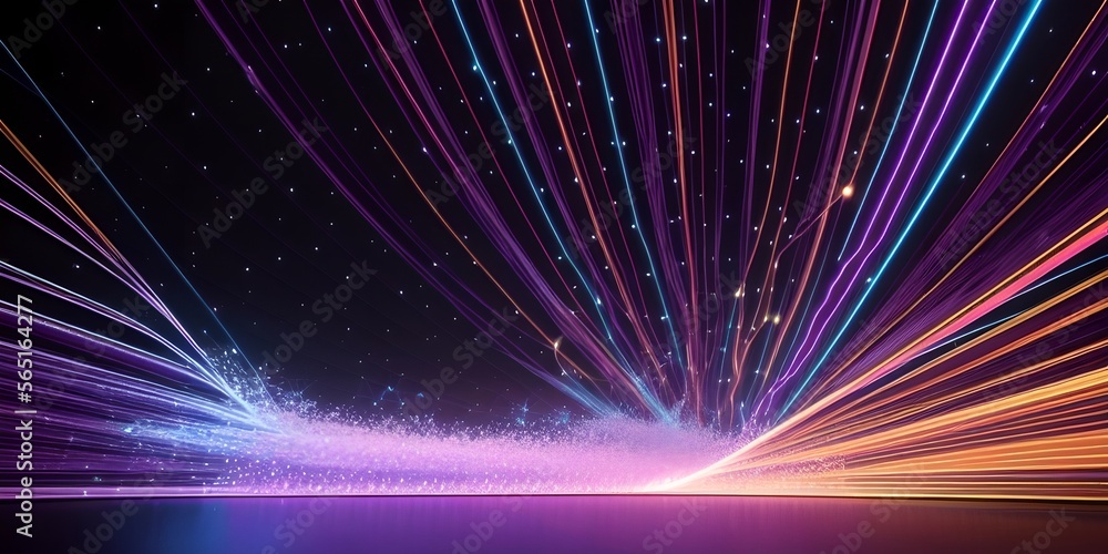 Abstract fiber optic lines with particles colliding, blue pink and ...